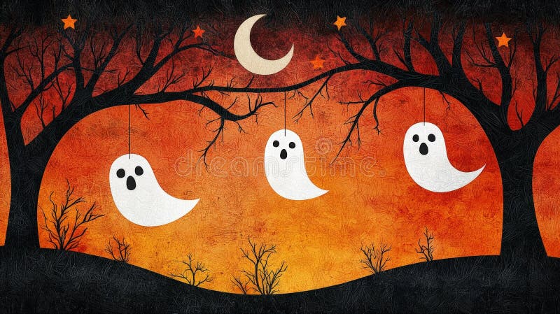 Halloween Scene with Spooky Ghosts Trees and a Crescent Moon on an ...