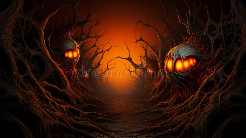 A Halloween Scene with Two Scary Faces in the Dark Stock Illustration ...