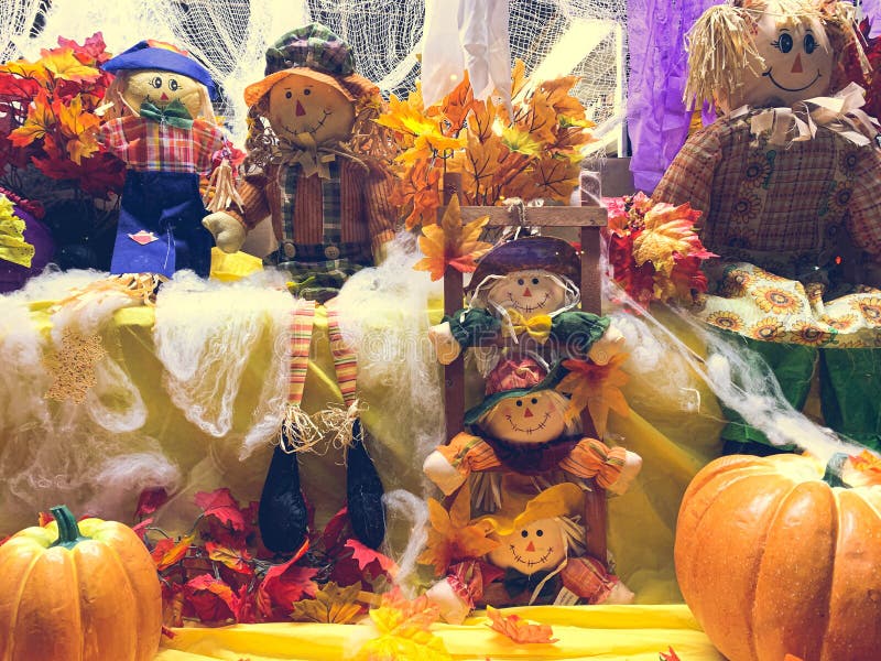 Halloween Screen Decorations with Dolls and Pumpkins Fall Harvest Stock ...