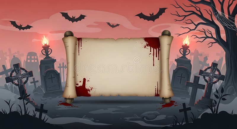 Halloween Scroll Invitation Blank Template in Spooky Cemetery Scene ...