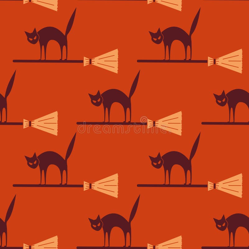 Halloween Seamless Pattern with Angry Cat on Broom Stick. Vector ...