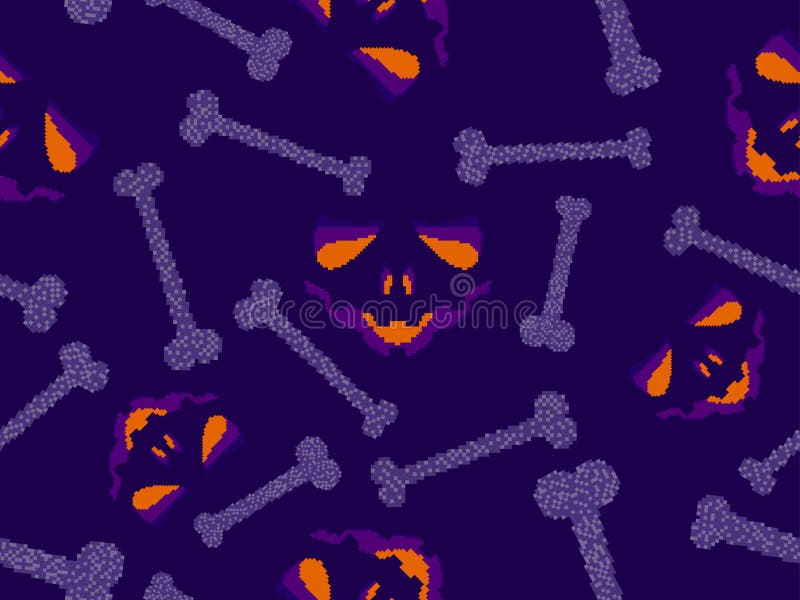 Halloween Seamless Pattern with Carved Face and Bones in Pixel Art ...