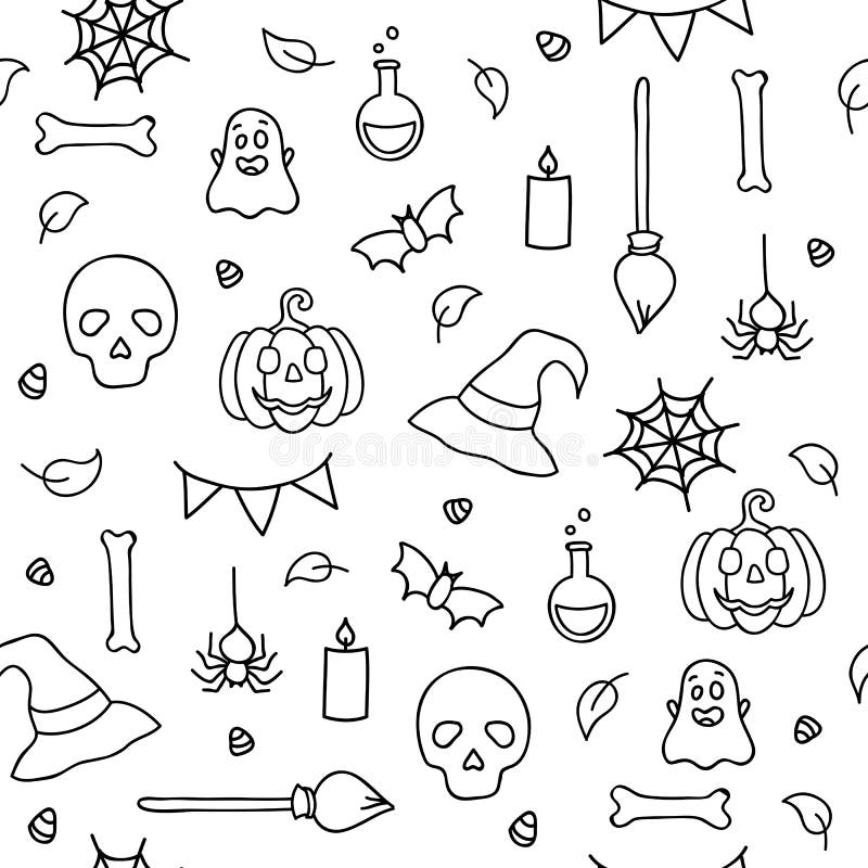 Halloween Seamless Pattern for Children Coloring Doodle Black Outline ...