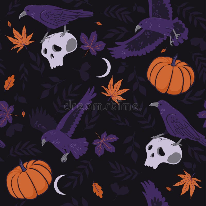 Halloween Seamless Pattern with Crows, Pumpkins and Skulls. Vector Graphics Stock Vector ...