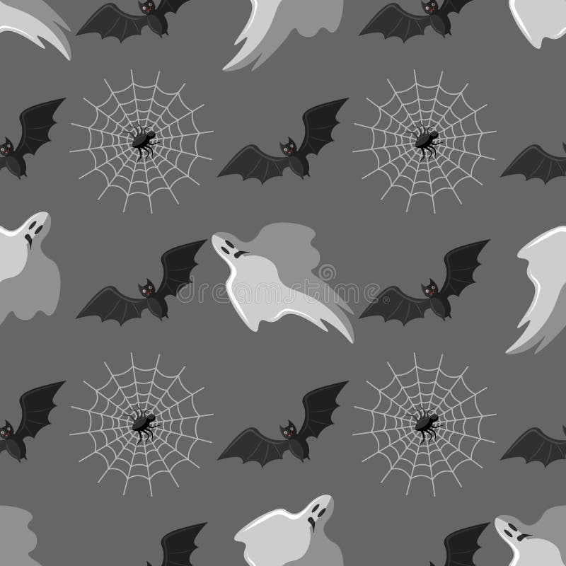 Halloween Seamless Pattern Design with Ghost, Bat and Spider on Web ...