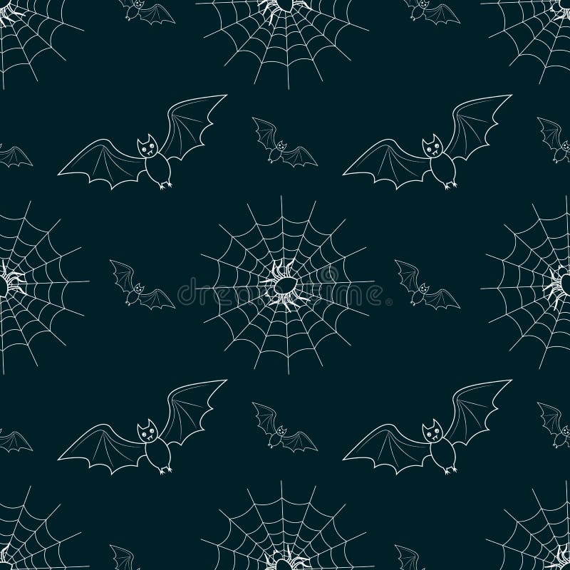 Halloween Seamless Pattern Design with White Contour Bat and Spider on ...