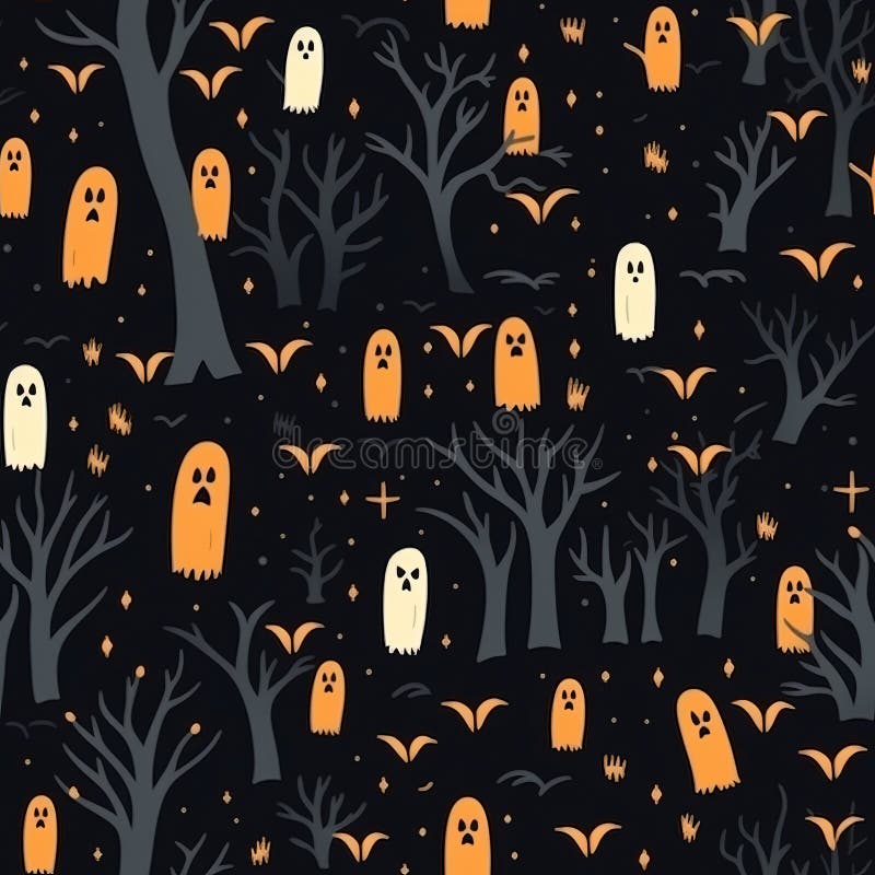 Halloween Seamless Pattern with Ghosts and Trees Stock Illustration ...