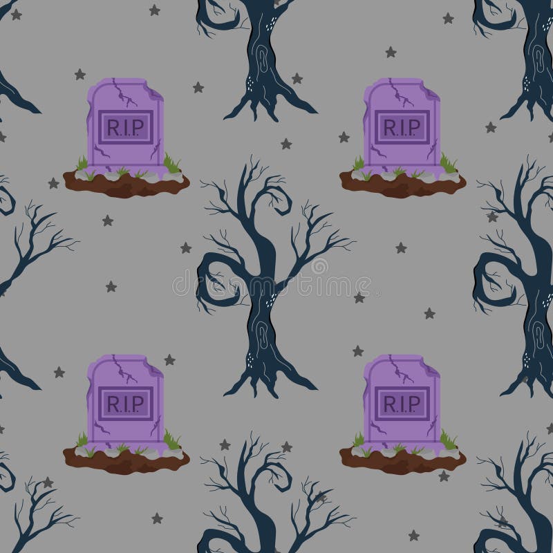 Halloween Seamless Pattern with Grave RIP and Creepy Tree. Vector ...