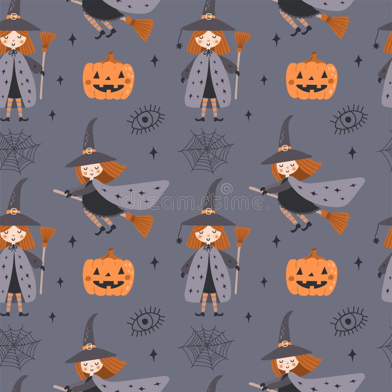Halloween Seamless Pattern with Hand Drawn Elements and Witch. Vector Illustrations Stock Vector ...