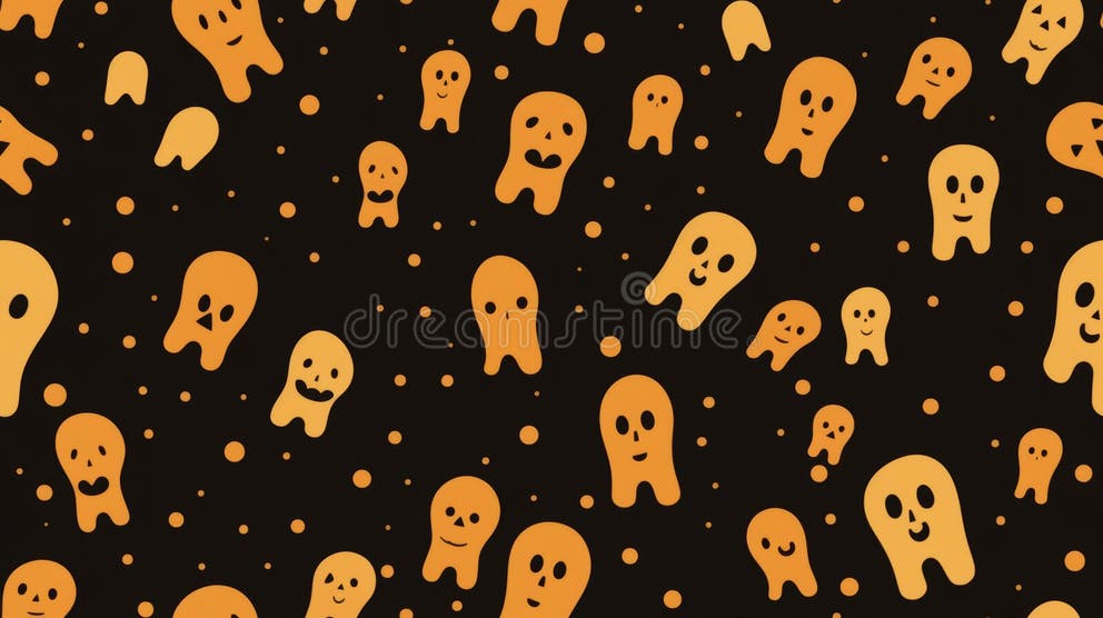 Halloween Seamless Pattern with Orange Ghosts on a Black Background ...