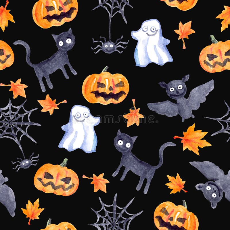 Halloween Seamless Pattern - Pumpkin, Bat, Ghost, Black Cat. Watercolor ...
