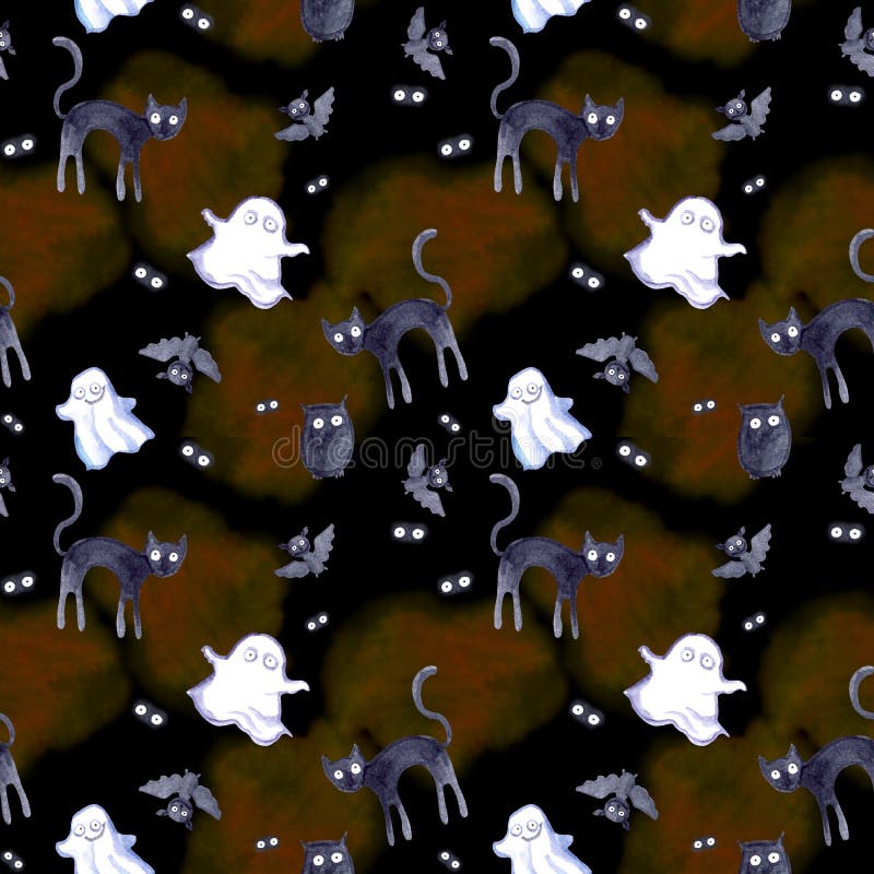 Halloween Seamless Pattern - Pumpkin, Bat, Ghost, Cat. Cute Watercolor ...
