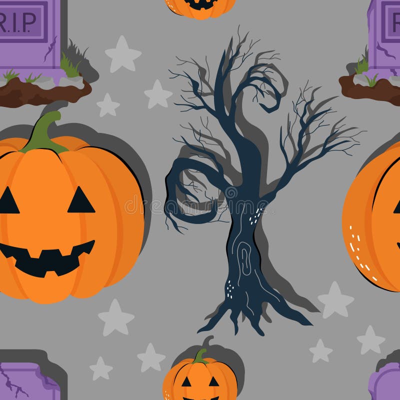 Halloween Seamless Pattern with Pumpkin, Grave RIP and Scary Tree ...