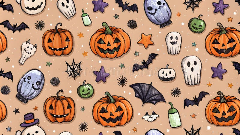 Halloween Seamless Pattern with Pumpkins, Bats, Ghosts, Candies ...