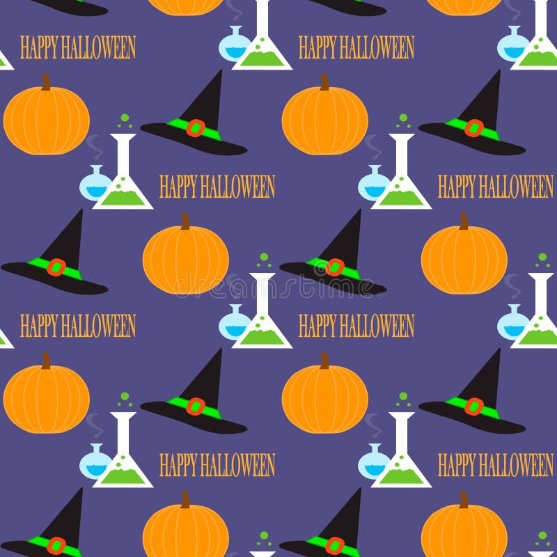Halloween Seamless Pattern with Pumpkins, Witch Hat and Magic Potion ...