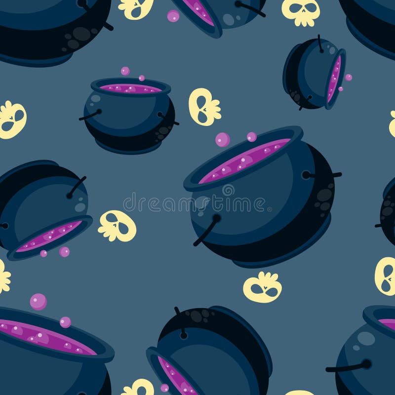 Halloween Seamless Pattern with Skull and Witch`s Cauldron. Stock ...