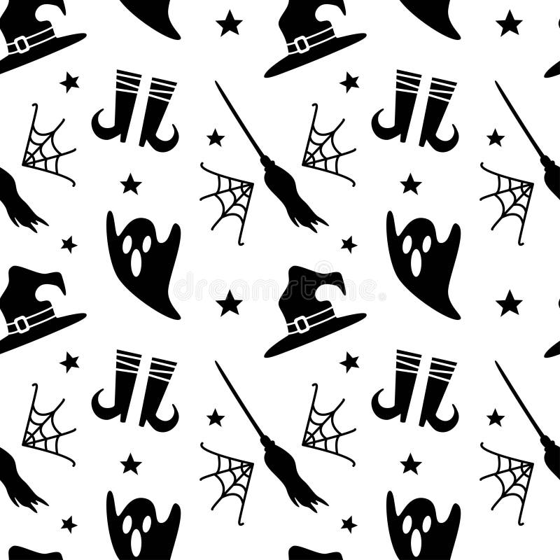 Halloween Seamless Pattern with Spider Web, Ghost, Star, Hat, Legs ...