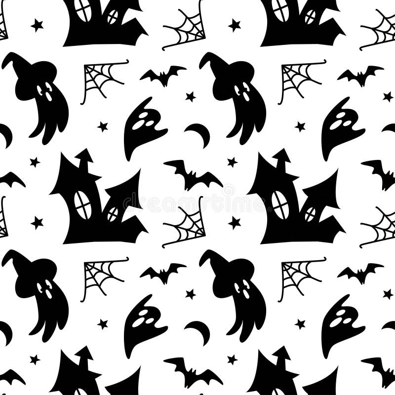 Halloween Seamless Pattern with Spider Web, Ghost, Star, Moon, Castle ...