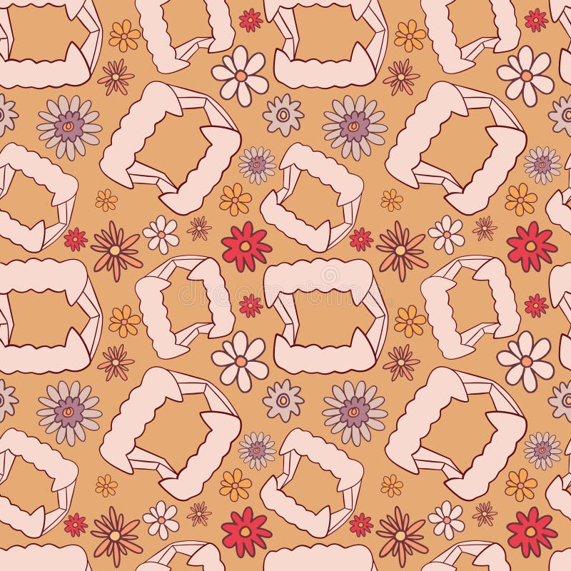 Halloween Seamless Pattern with Vampire Fangs and Floral Elements on ...