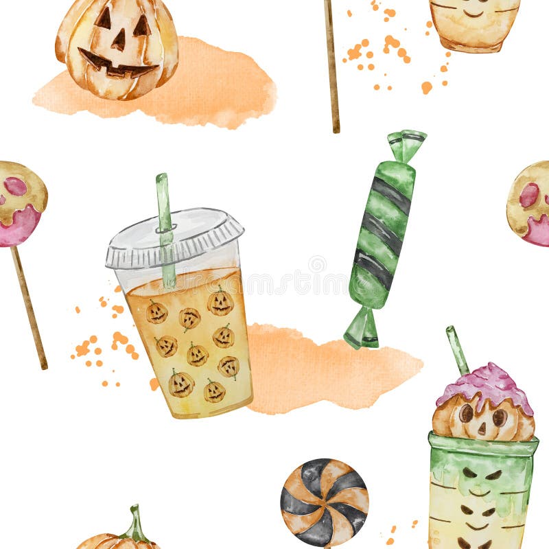 Halloween Seamless Pattern of Watercolor Spooky Candies and Drinks ...