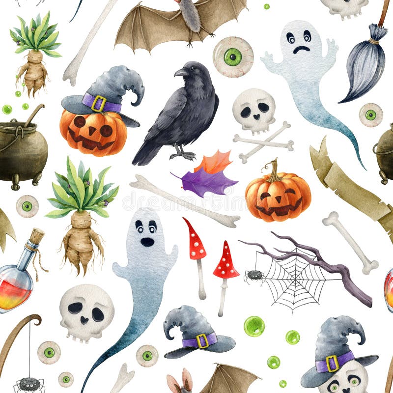 Halloween Seamless Pattern from Witchcraft Elements. Watercolor ...