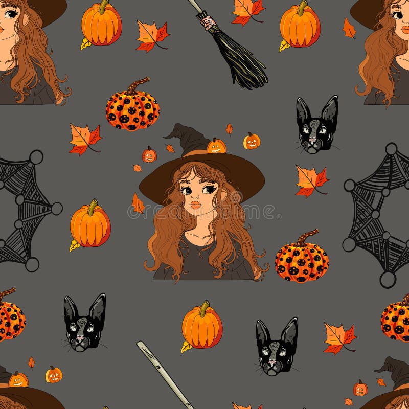 Halloween Seamless Pattern with Witches, Pumpkins, and Autumn Elements in Vector Art Stock ...
