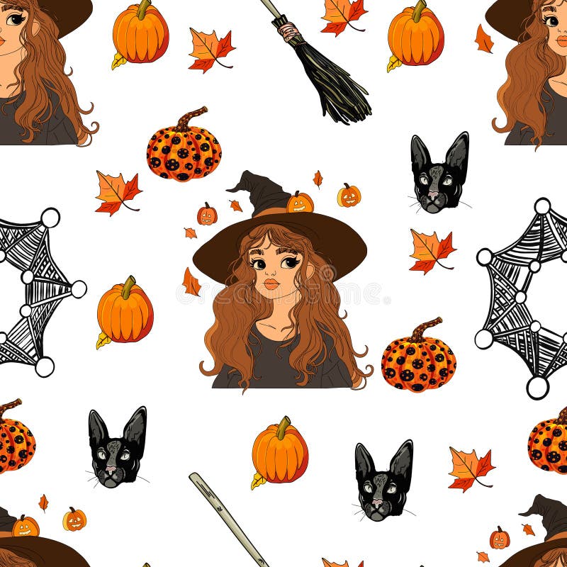 Halloween Seamless Pattern with Witches, Pumpkins, and Autumn Elements in Vector Art Stock ...