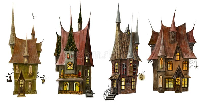 Halloween Set of Gothic Horror Houses Isolated on White Stock ...