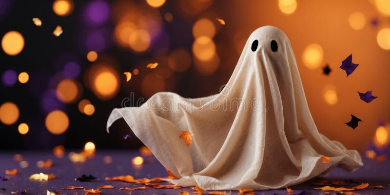 Halloween Sheet Ghost on an Orange Solid Color Background with Gold ...