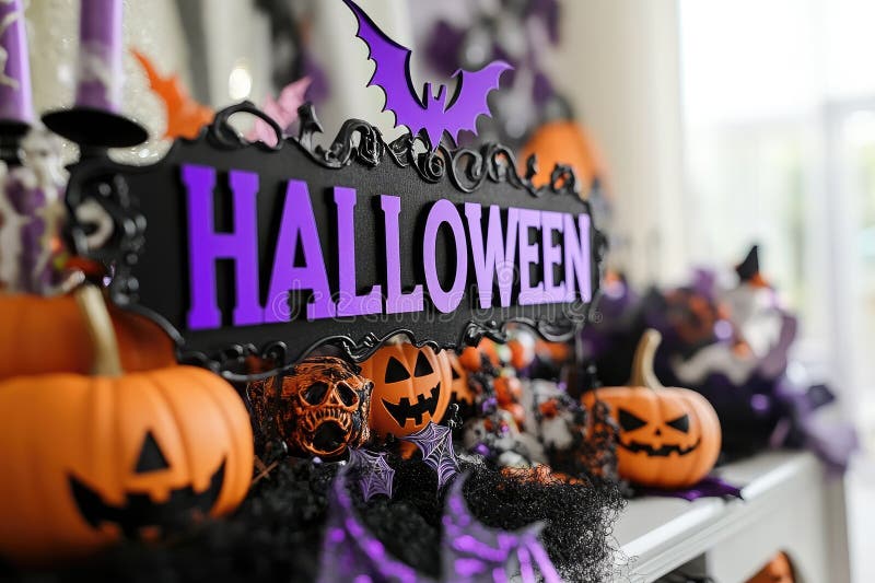 Halloween Sign Surrounded by Fall Leaves and Pumpkins Stock ...