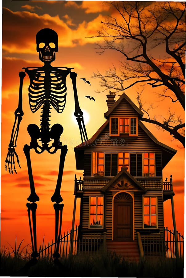 Halloween Skeleton Black Silhouette House Stock Illustration ...