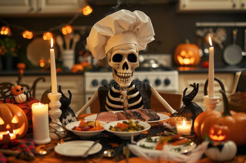 Halloween Skeleton Chef Dining in a Spooky Kitchen Ambiance AI Stock ...