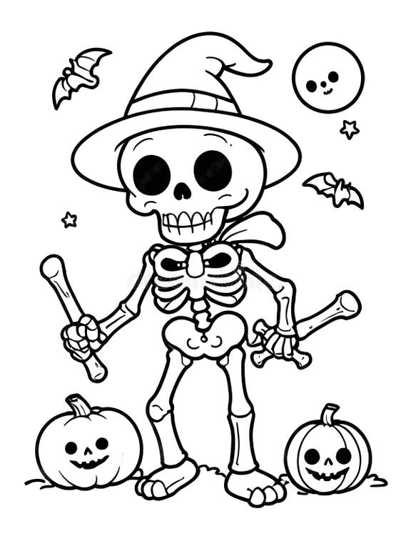 Halloween Skeleton Coloring Book Page Stock Illustration - Illustration ...