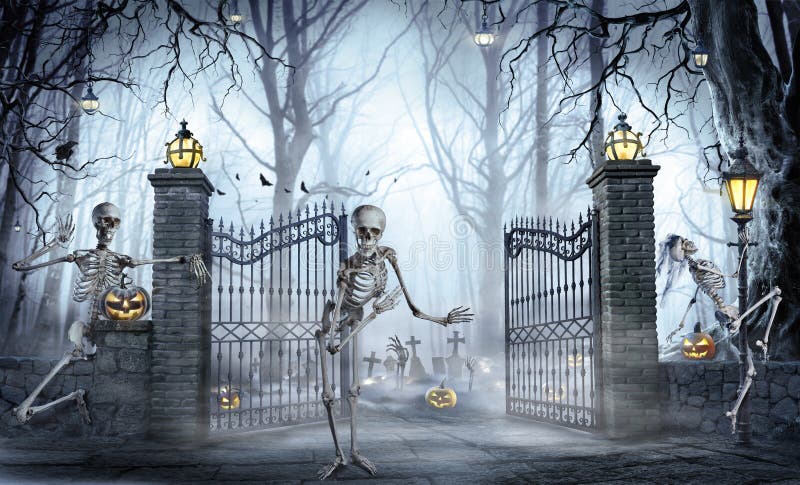 Halloween - Skeleton Inviting a Zombies Party Stock Image - Image of ...