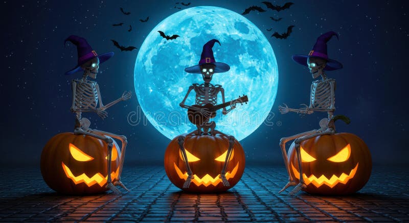 Halloween Skeleton Musicians JackoLantern Party Under a Blue Moon Stock ...