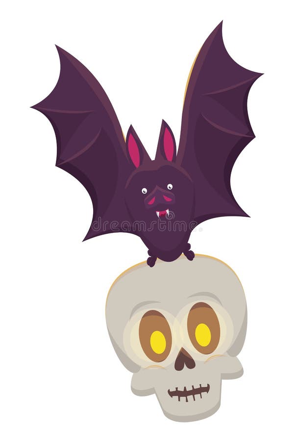 Halloween Skull Head with Bat Flying Stock Vector - Illustration of ...