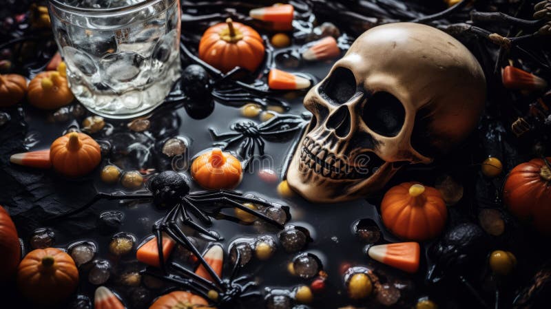 A Halloween Skull Surrounded by Pumpkins and Candy Corn Stock ...