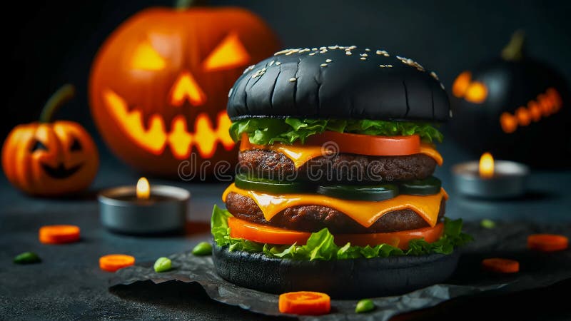 Halloween Spooky Black Burger, with a Pumpkin Head Jack-o-lantern in ...