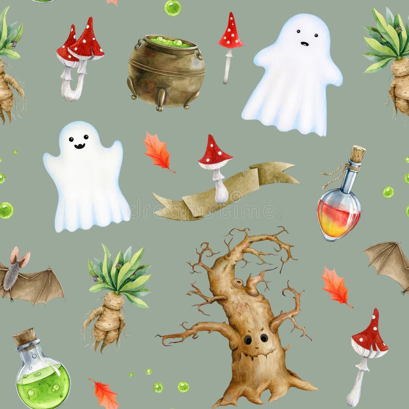 Halloween Spooky Decor Elements Seamless Pattern. Hand Drawn Ghosts ...