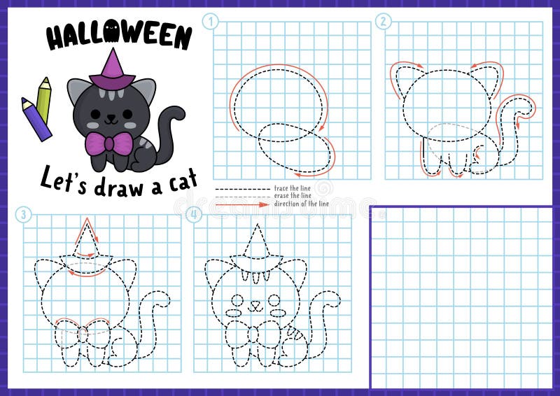 Halloween Step by Step Drawing Worksheet. How To Draw a Cat. Complete ...