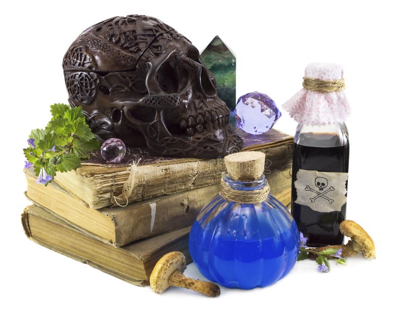 Halloween Still Life with Blue Elixir Stock Photo - Image of backbone ...