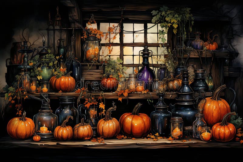 Halloween Still Life with Pumpkins and Lanterns on Wooden Table ...