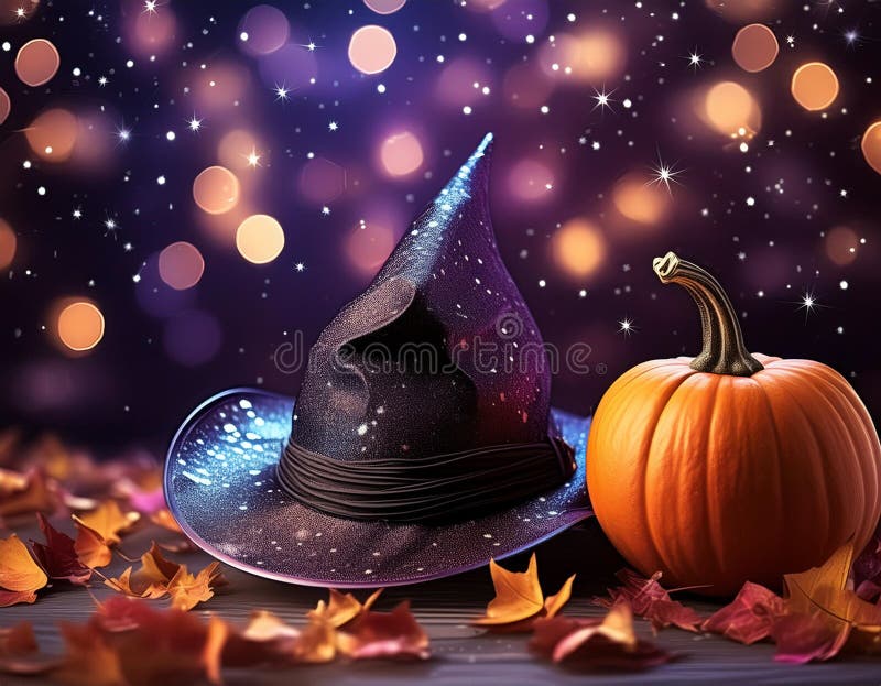 Halloween Still Life with Pumpkins, Witch Hat Stock Illustration ...