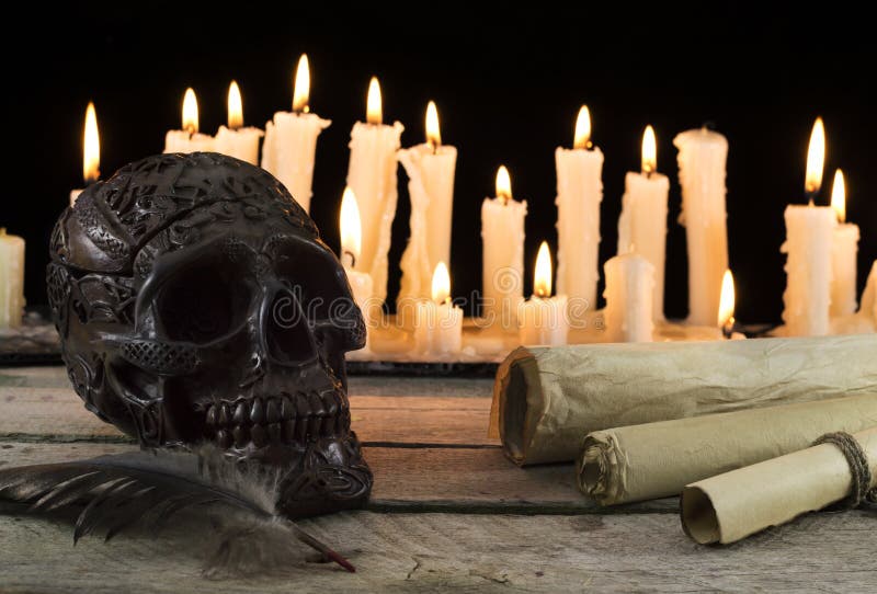 Halloween Still Life with Skull and Scrolls Stock Image - Image of ...