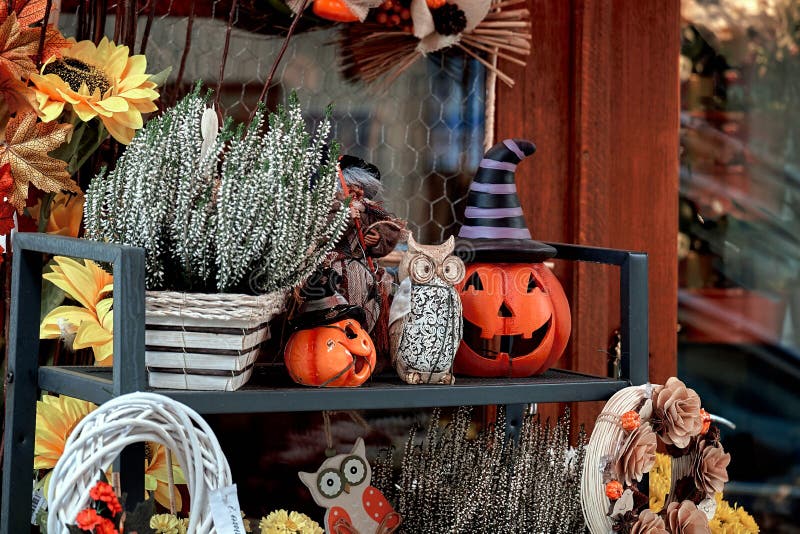 Halloween Street Decor with Fresh Fall Pumpkins and Flowers Stock Photo ...