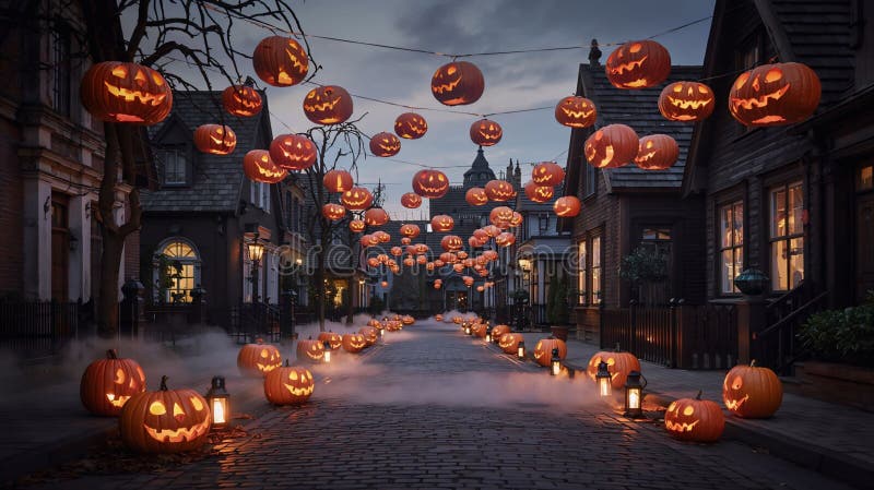 Halloween Street Parade with Floating Pumpkin Lanterns at Night Stock ...