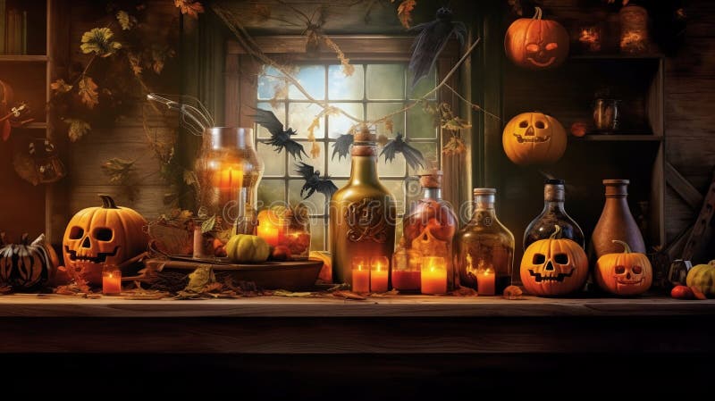 Halloween Studio Backdrop - a Group of Bottles and Candles on a Table ...