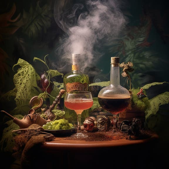 Halloween Style Image of a Table Full of Potions and Containers Full of ...