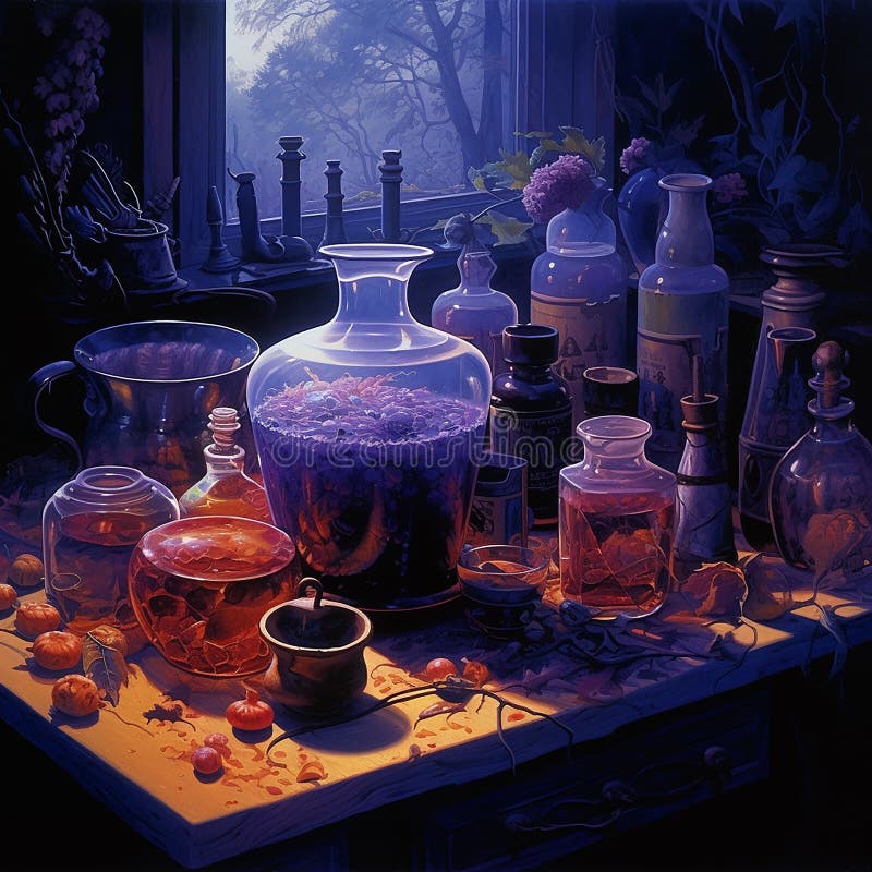 Halloween Style Image of a Table Full of Potions and Containers Full of ...