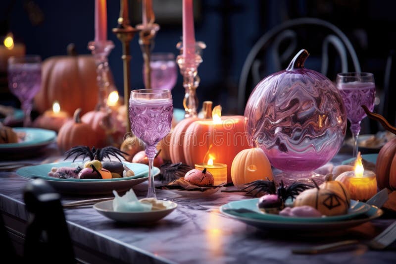 Halloween Table Setting in Pastel Colors. Festive Table Decorated for ...